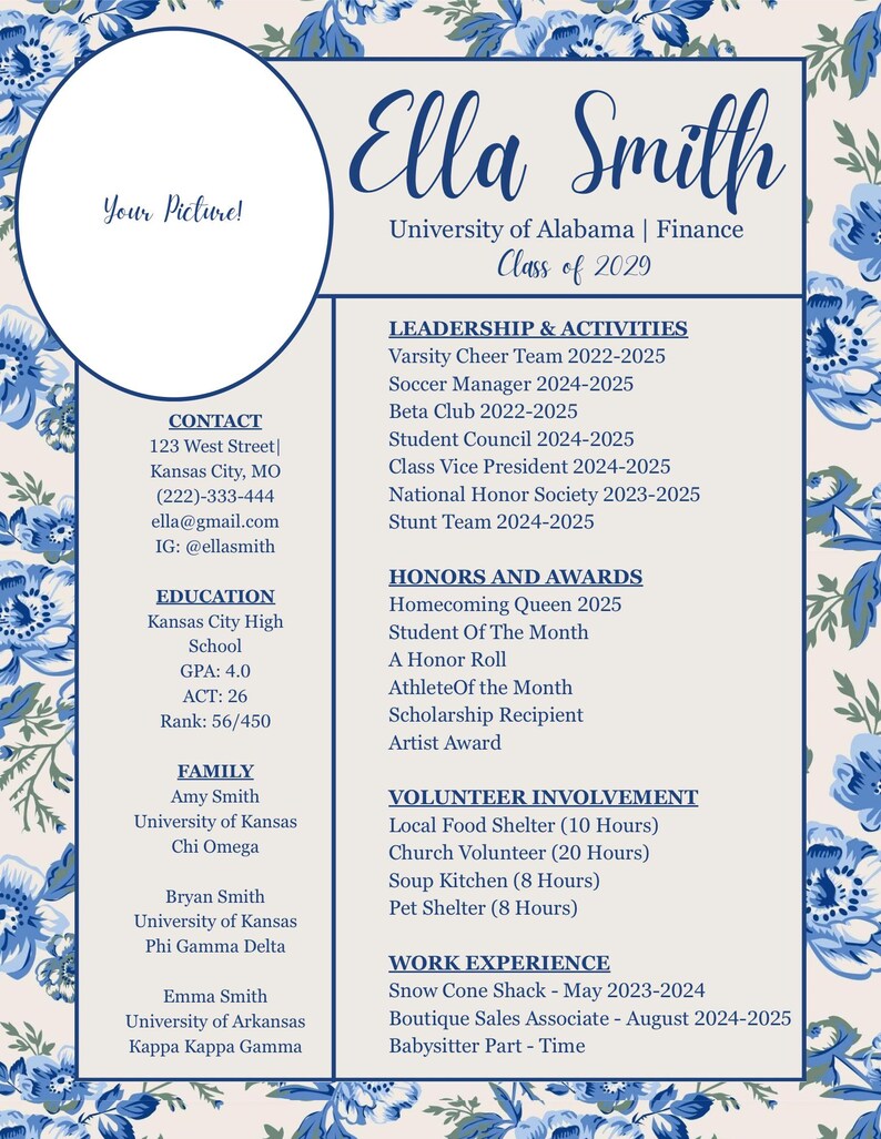 Blue Floral Resume - Perfect for Rush! - Etsy