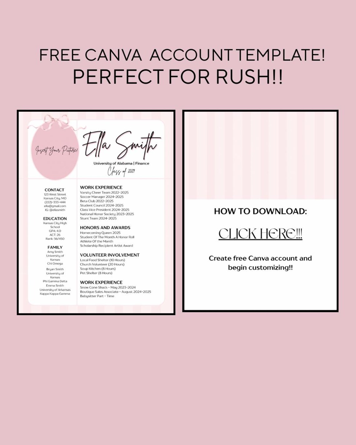 Pink Bow Rush Resume Template! - Etsy