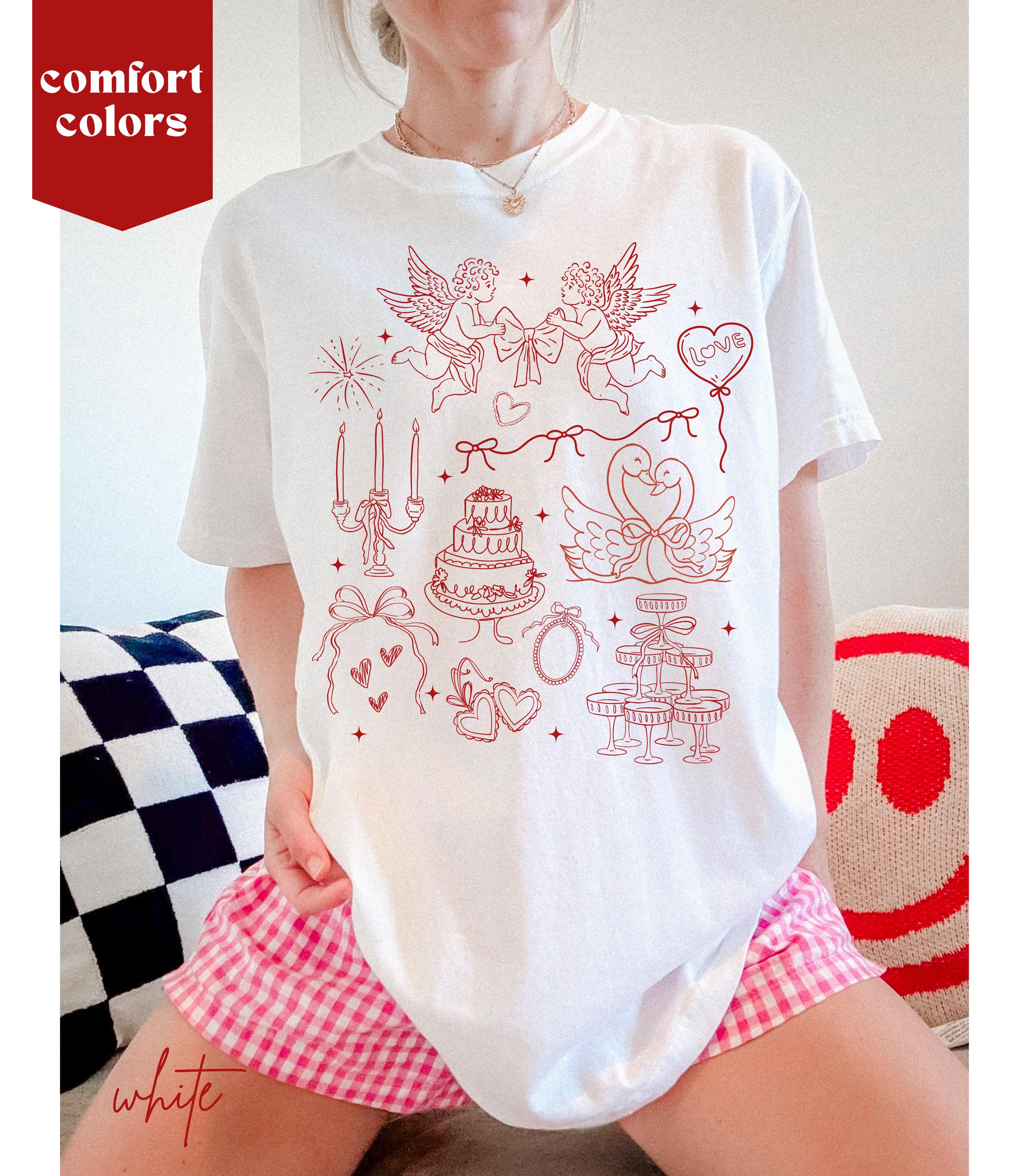 Romantic Love Doodles T-shirt, Heart Birds Cake Balloon Shirt, Love ...