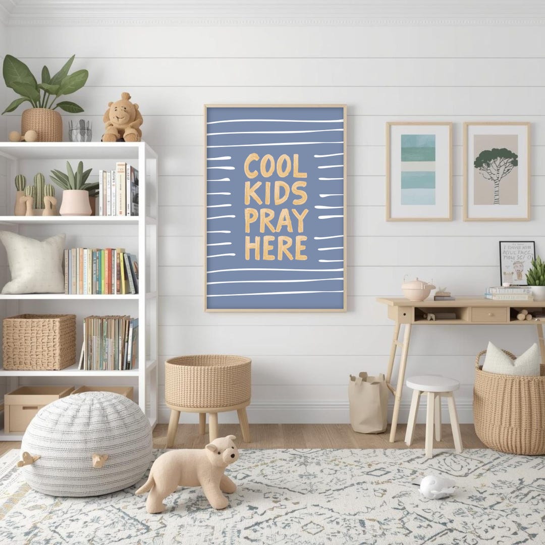 Cool Kids Pray Here , Blue, Christian Kids Playroom Nursery Art Decor ...