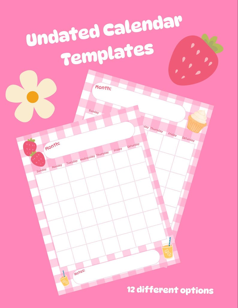 Strawberry Picnic Undated Calendar - Pink Theme - Etsy
