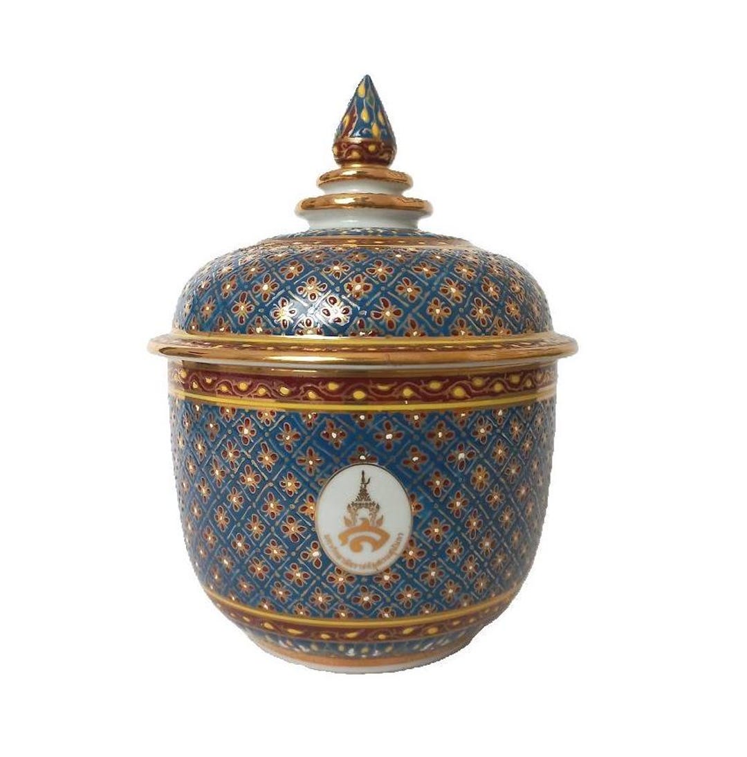 Thai Benjarong Porcelain Jar Hand-painted Ceremonial Ware Gold Crest ...