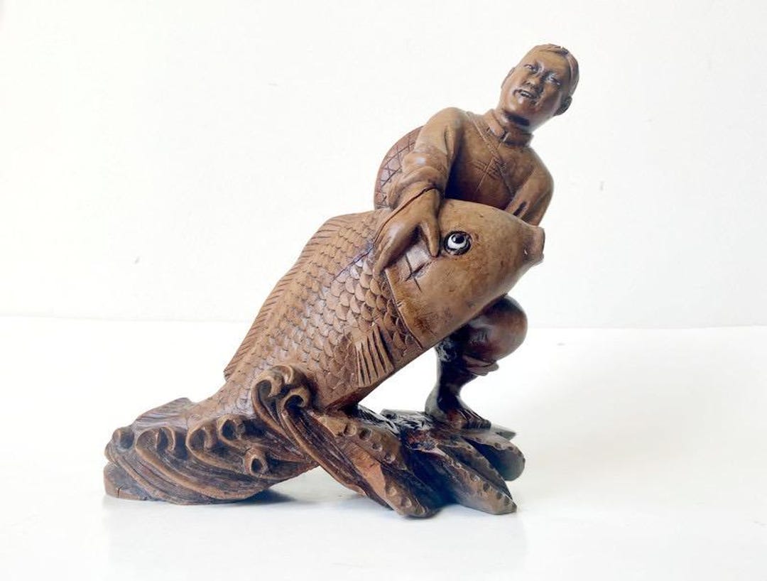 Vintage Carved Rosewood Asian Fisherman Figurine/chinese Carving With ...