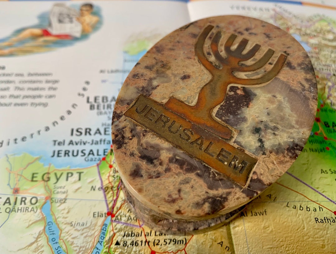 Vintage Carved Soap Stone Trinket Box From Israel/brass Menorah Insert/ Small Judaica Box ...