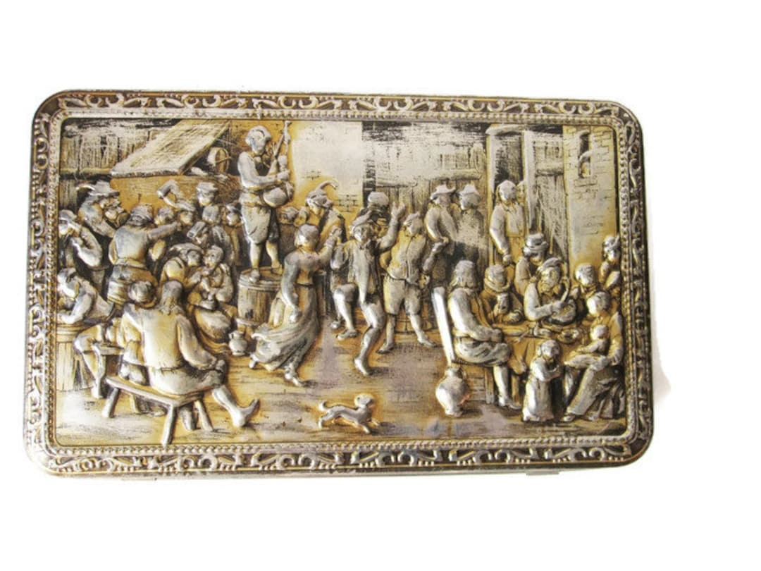 Vintage Tin Biscuit Hammered Silverbox/ 1950's Large Teniers Metal 3D ...