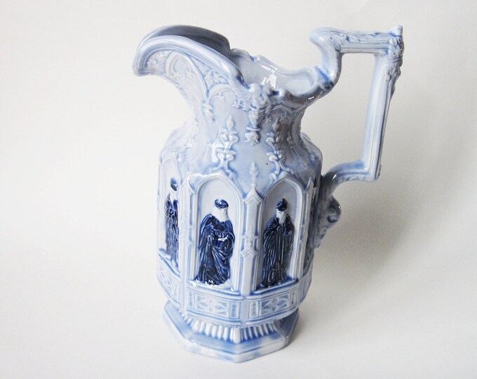 Unusual Embossed Blue Ceramic Pitcher With Bas Relief Figures - Etsy