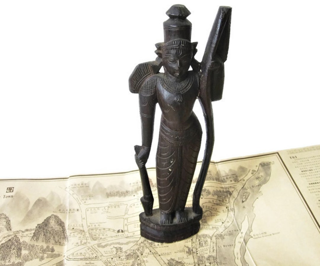 Antique Hindu Goddess Carving - Asian Carved Wood Huntress/ Namaste ...