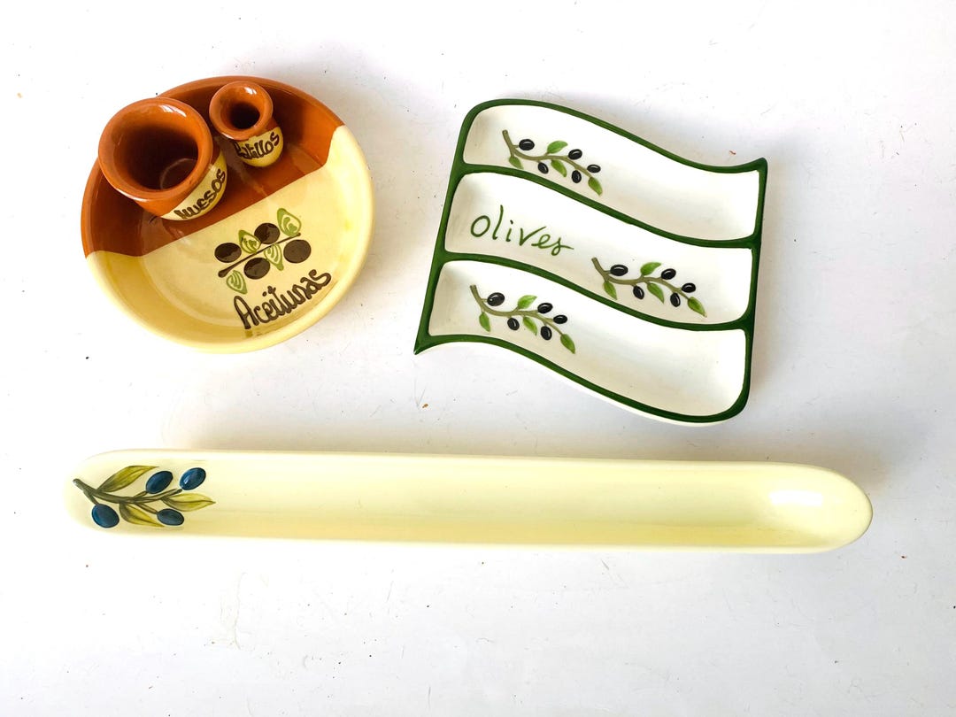 Ceramic Spanish Olive Dish/ Vintage With Toothpick and Olive Pit Holders/ Hand Painted in Spain ...