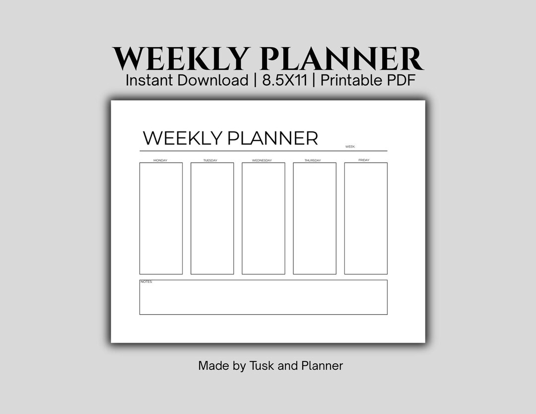 Minimalist 5-day Weekly Planner | Landscape Printable | Workweek ...