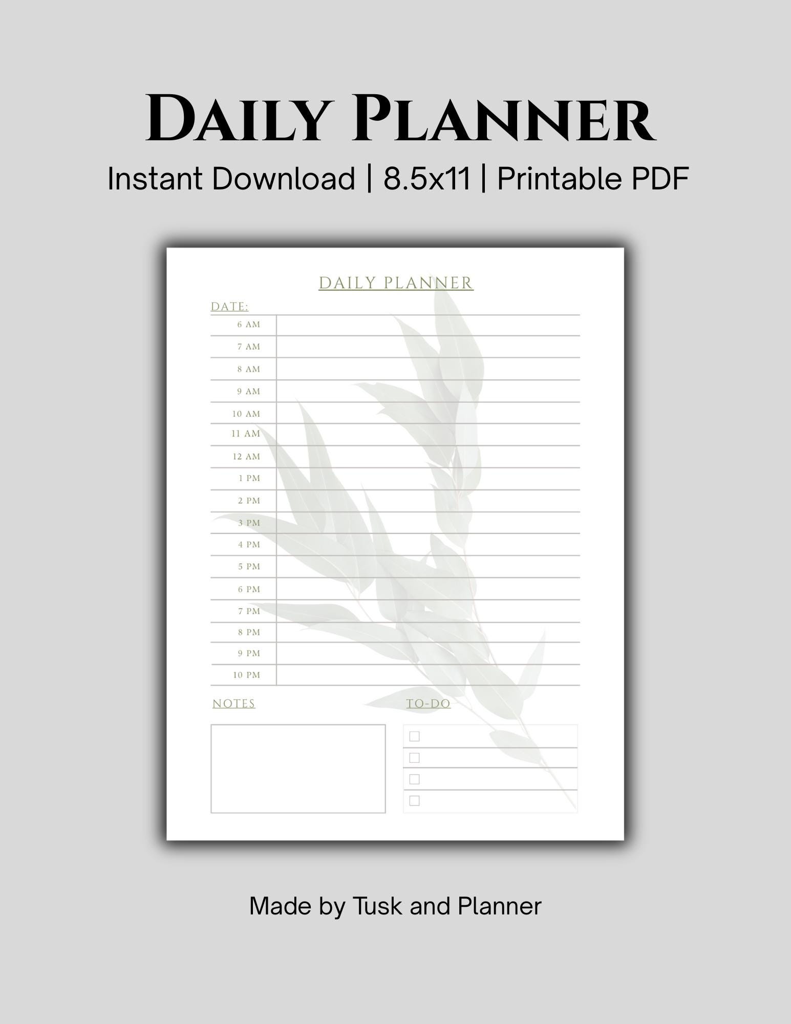 Daily Planner Printable With Eucalyptus | Minimalist Day Organizer ...