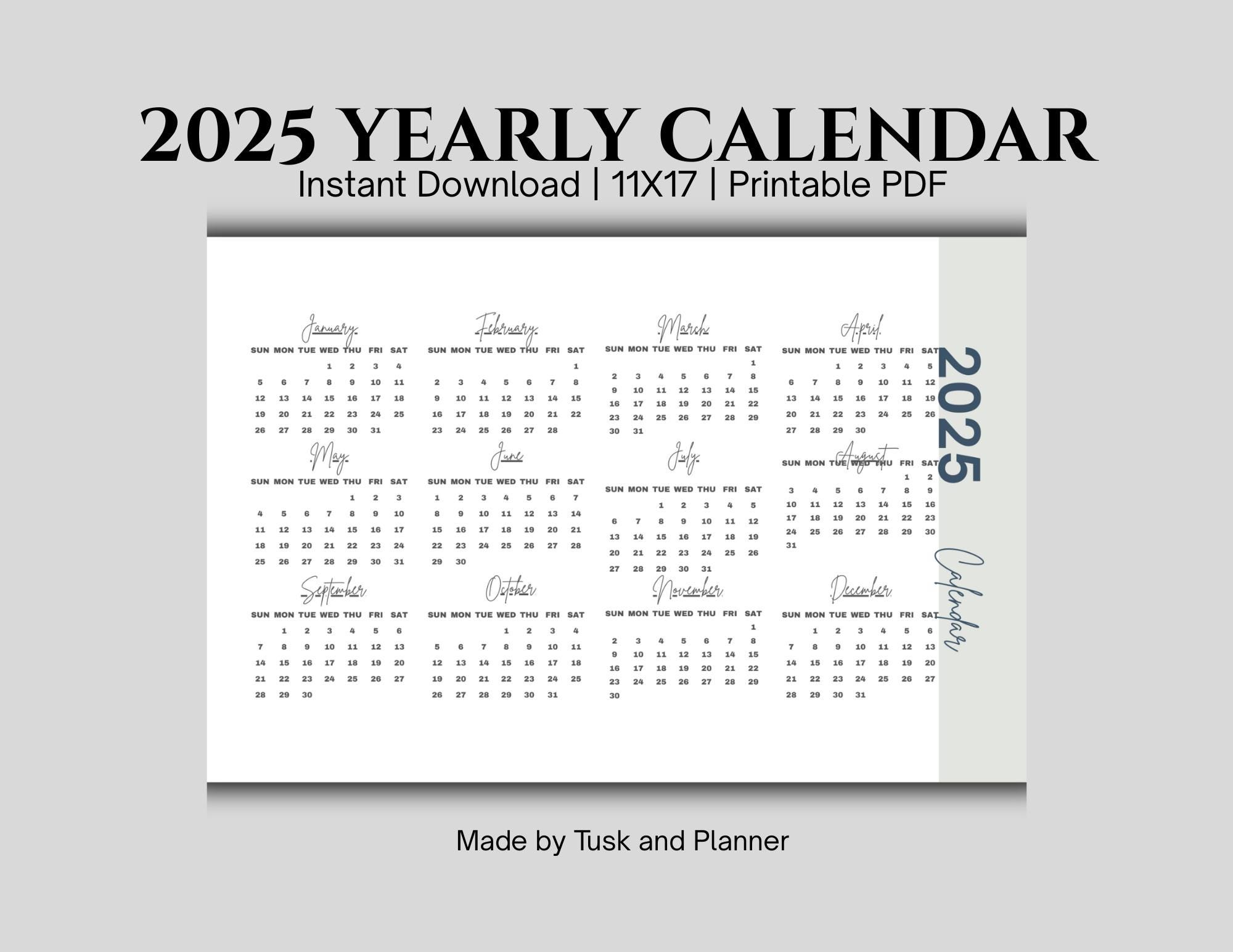 2025 Year Calendar Printable | Minimalist Wall Calendar 11x17 | Modern ...