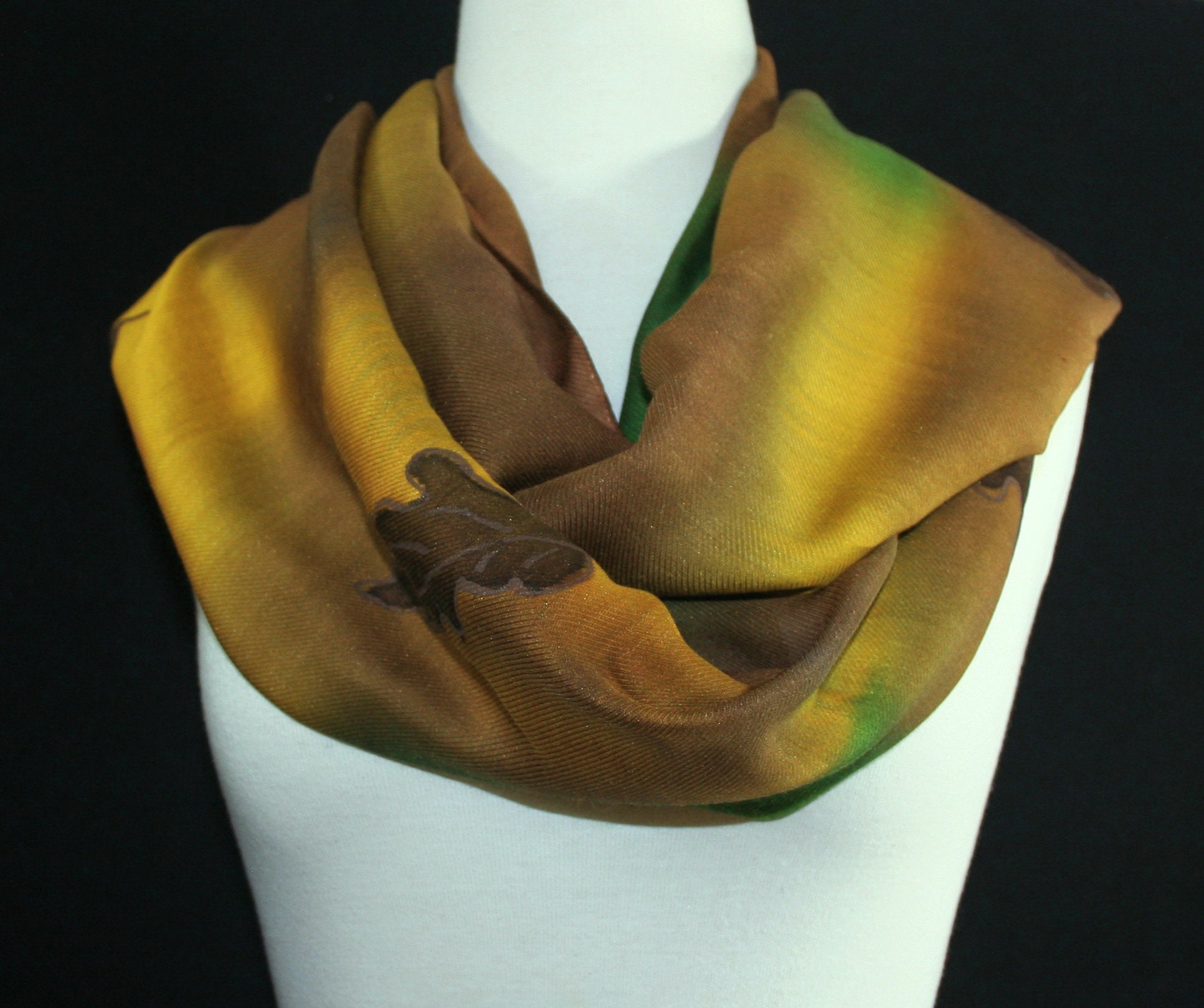 Silk Wool Scarf Hand Painted Brown Green Yellow Shawl GOLDEN FOREST, by ...