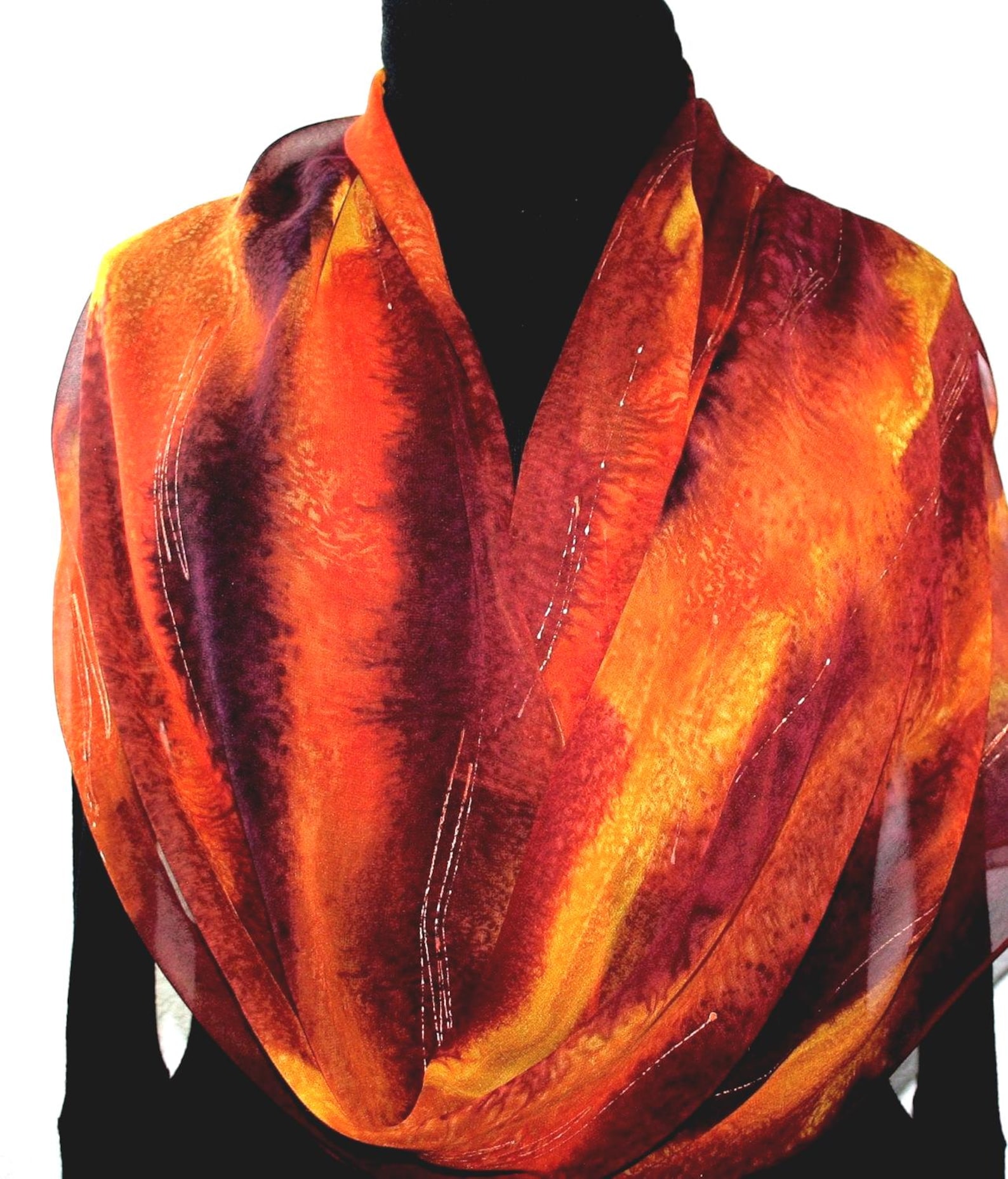 Handpainted Silk Scarf: Burgundy Orange Autumn Embrace Shawl, Silk ...