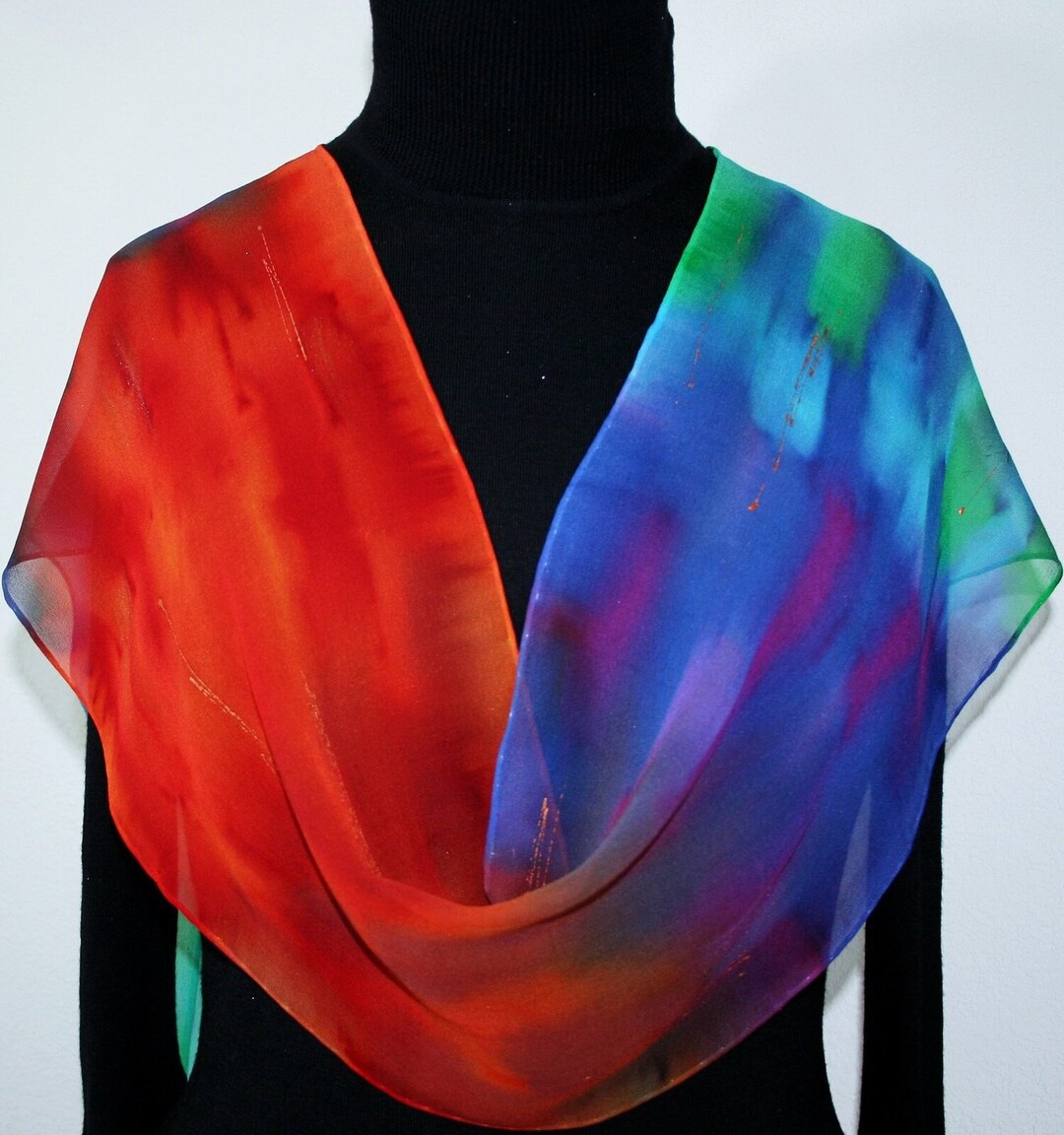 Silk Scarf Red Blue Green Hand Painted Chiffon Silk Shawl NEON FLAMES ...