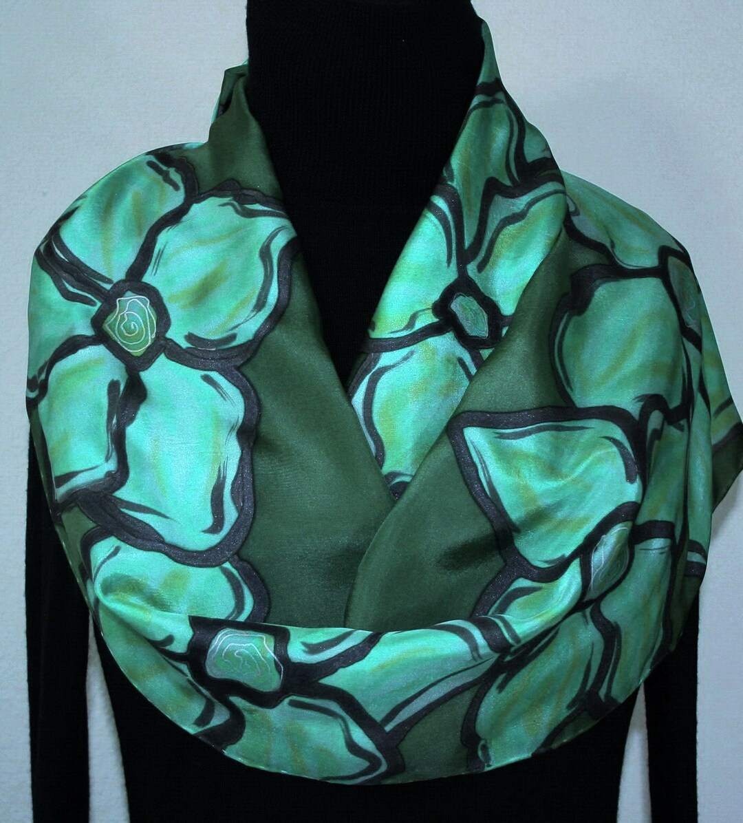 Hand Painted Silk Scarf: Dark Pine Green Floral, Tea Garden, Silk ...