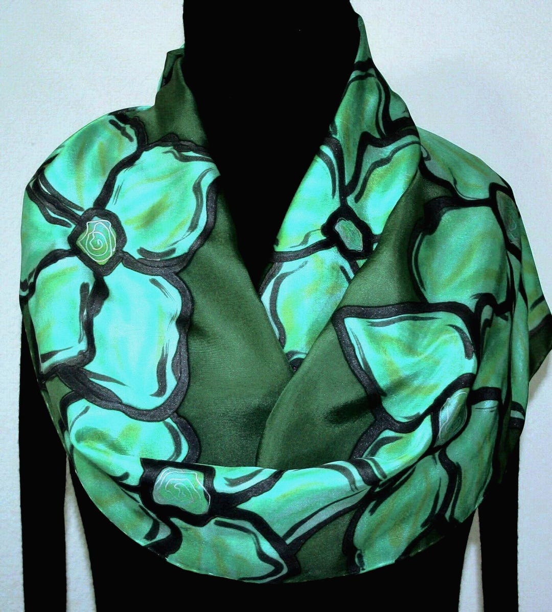 Hand Painted Silk Scarf: Dark Pine Green Floral, Tea Garden, Silk ...