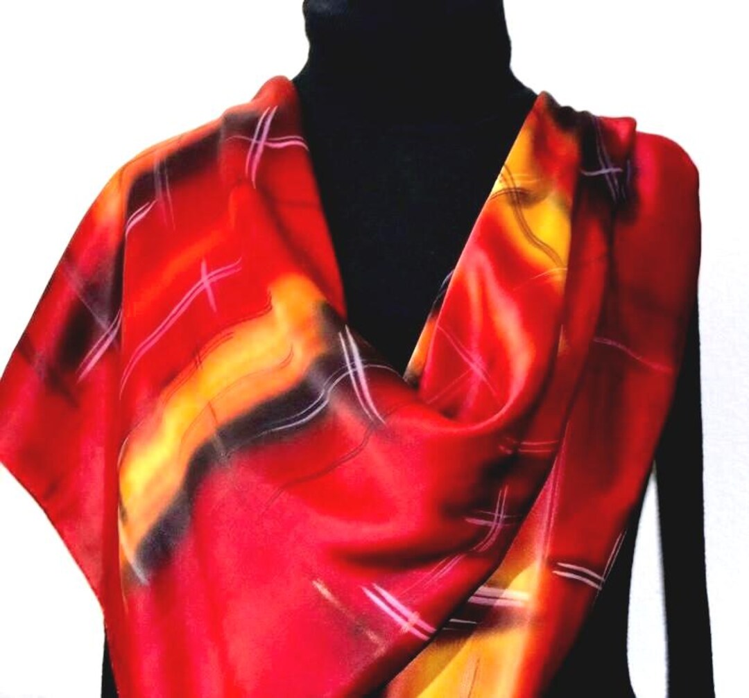 Hand Painted Silk Scarf: Red Orange Satin Shawl - Burning Sunset, Silk ...