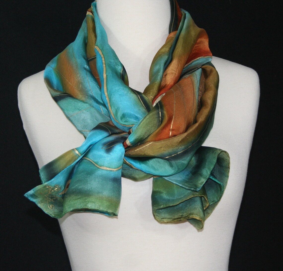 Silk Scarf Hand Painted. Teal Turquoise Brown Handpainted - Etsy