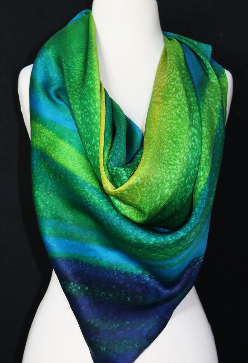 Northern Lights Green Blue Silk Satin Scarf Hand Painted AURORA ...