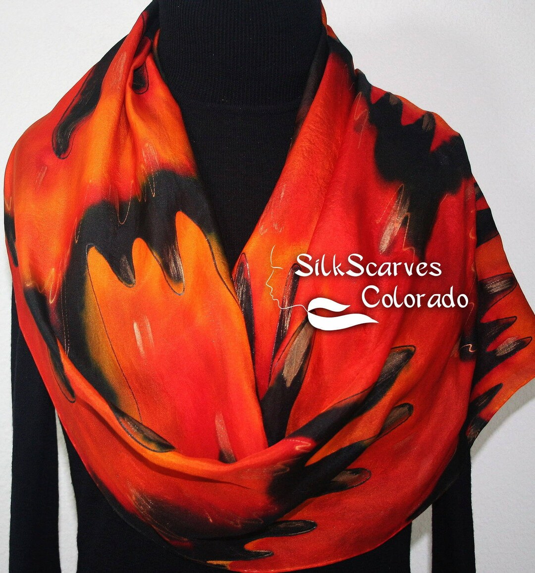 Hand Painted Silk Scarf: FLOWING LAVA - Red Orange Black Shawl, Silk ...