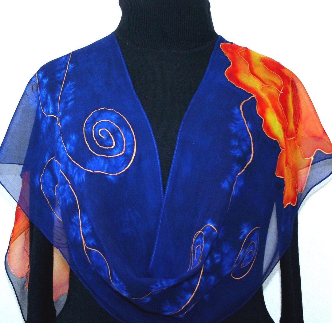 Silk Chiffon Scarf: Navy Blue Orange Love Flowers, Hand Painted, Silk ...