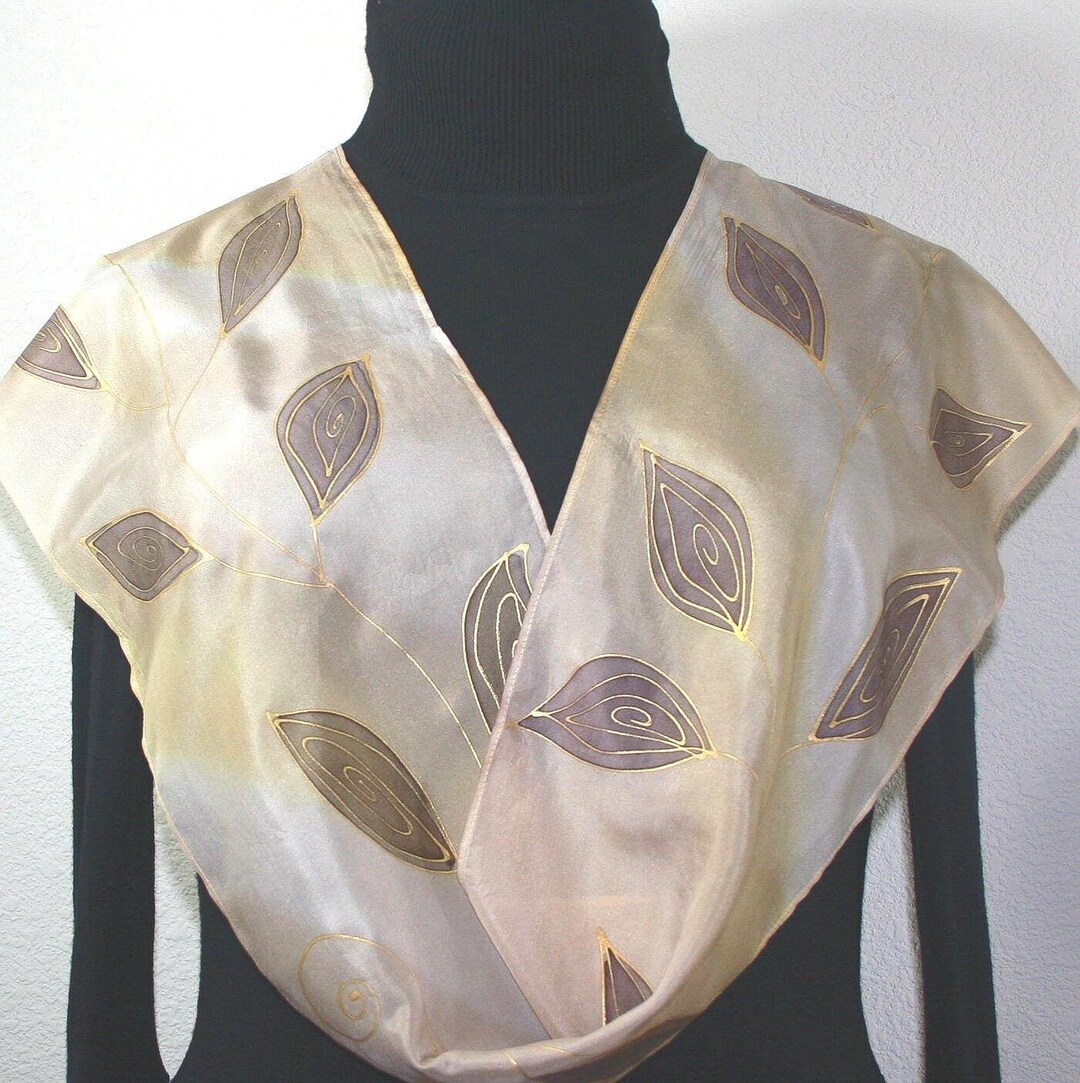 Hand Painted Silk Scarf: Beige Ivory Leaf Shawl, Alaska Morning - Etsy