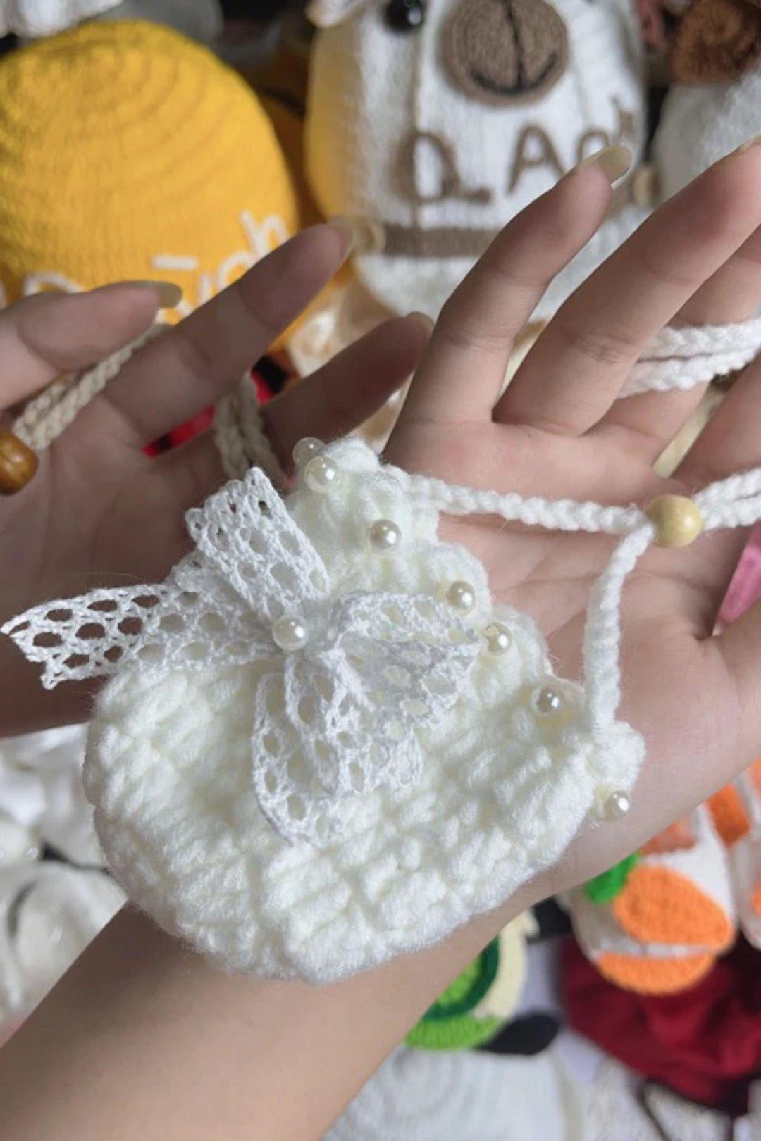 Handmade Crochet Garlic Pouch With Bow and Pearls - Personalized Baby ...