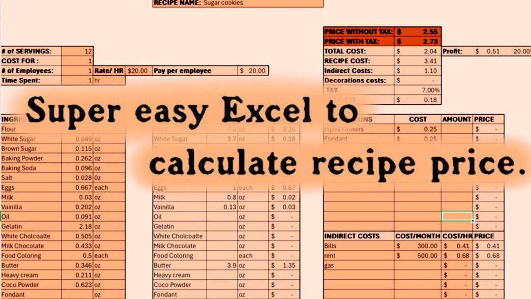 Excel Spreadsheet to Calculate the Price of a Recipe. - Etsy