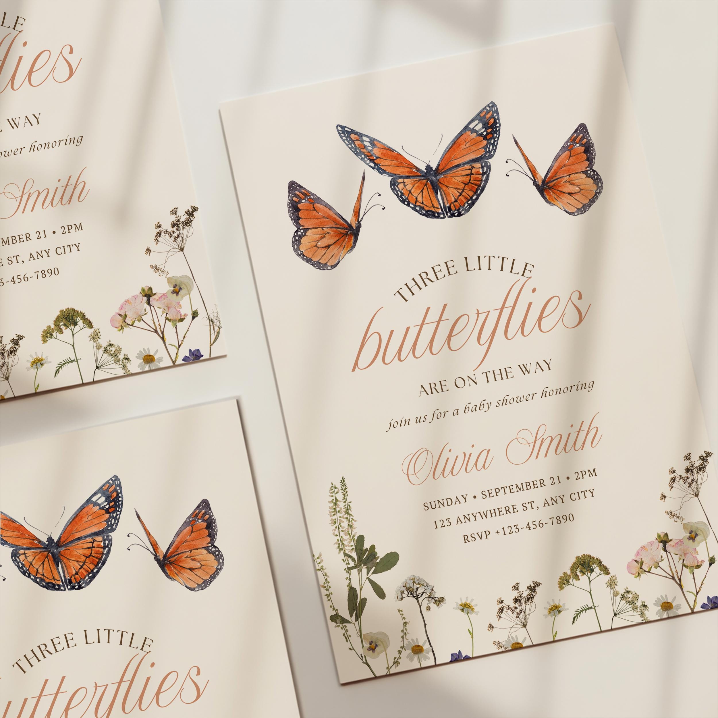 Triplet Girls Butterfly Baby Shower Invitation, Monarch Butterflies ...