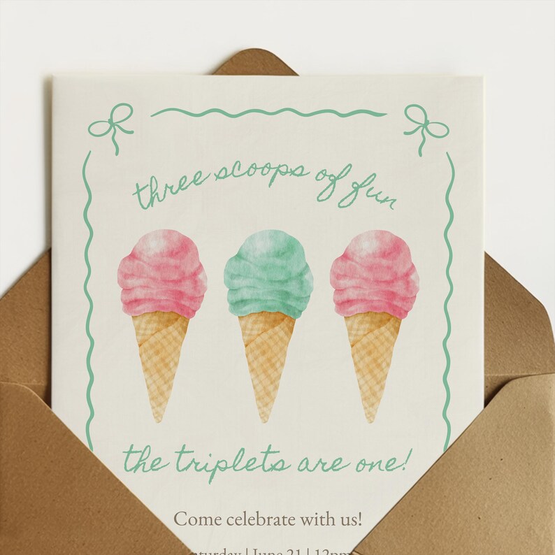 Three Scoops of Fun Triplets Birthday, Triplets Birthday Invitation ...