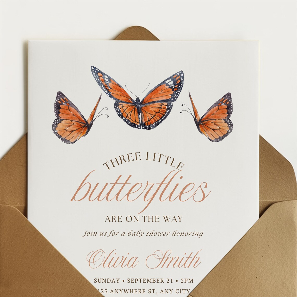 Triplet Girls Butterfly Baby Shower Invitation, Monarch Butterflies ...