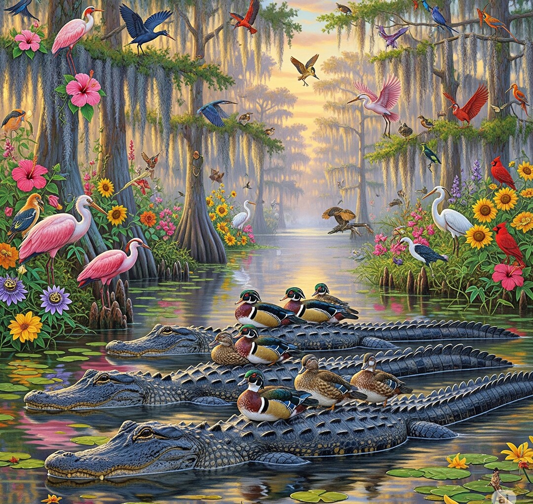 Alligators Ducks Transport, Wildlife Swamp Painting, Swamp Art Print ...
