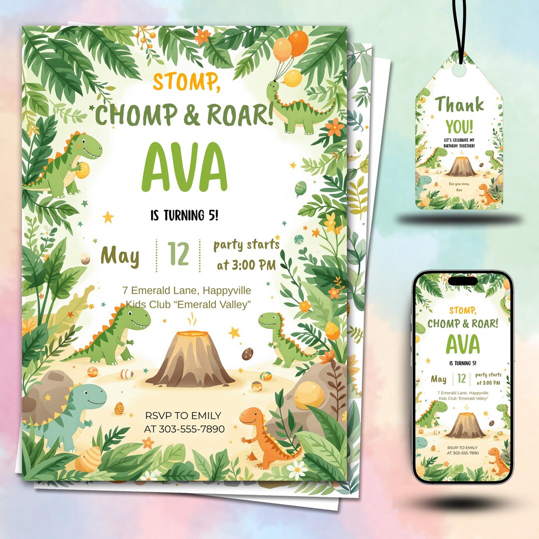 Dinosaur Jungle Birthday Invitation, Editable Template, Dino Safari ...