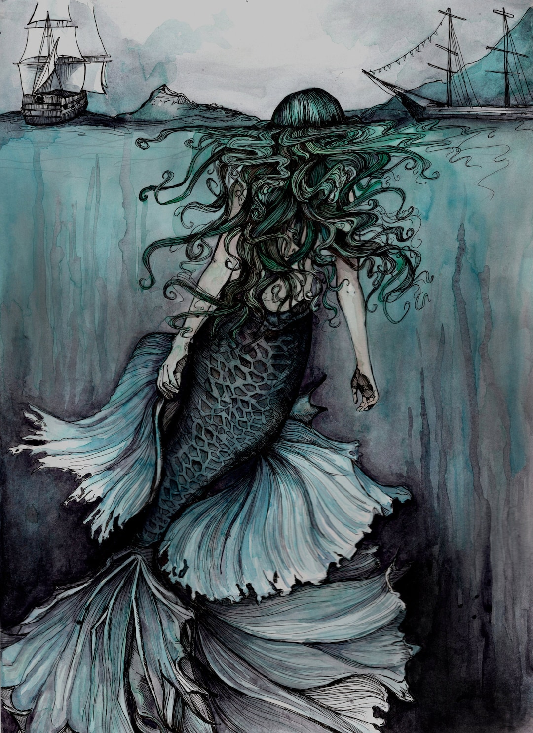 Dark Mermaid Illustration - Etsy