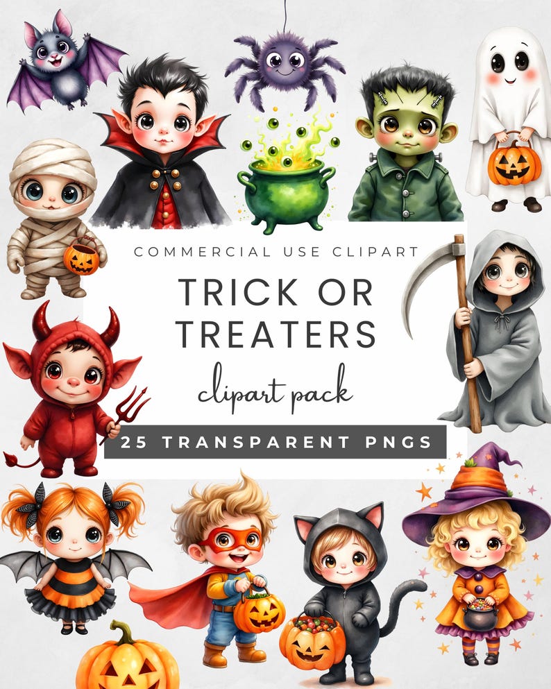 Trick or Treaters Clipart Pack | Cute Halloween Kids PNG | Kids in ...