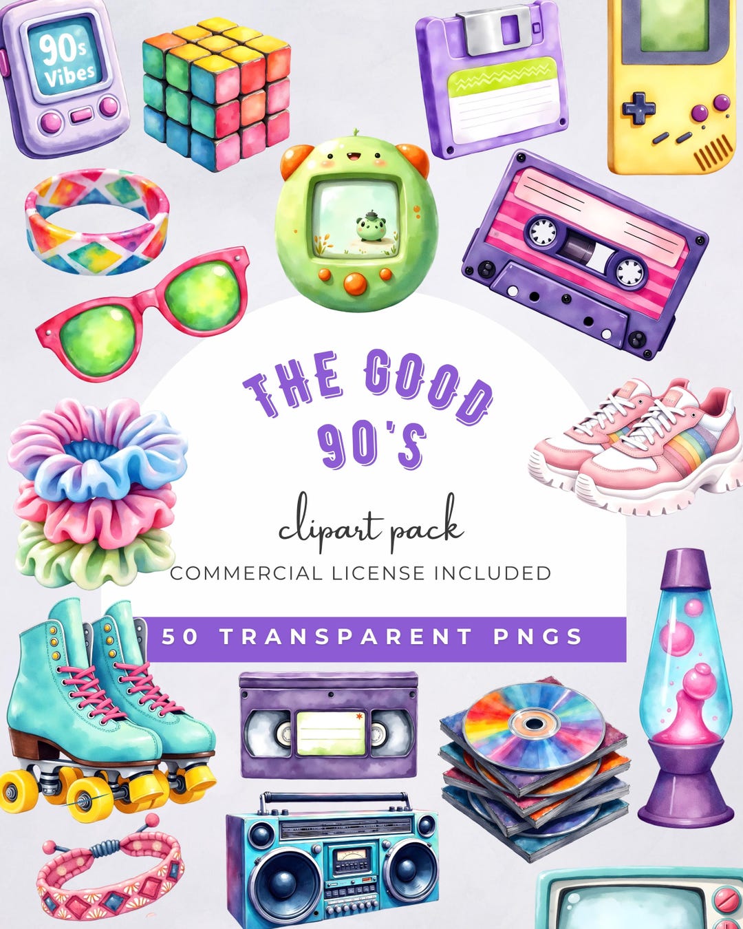 90s Elements Clipart, Watercolor Retro 90s Clipart, 90's Retro Vibes ...