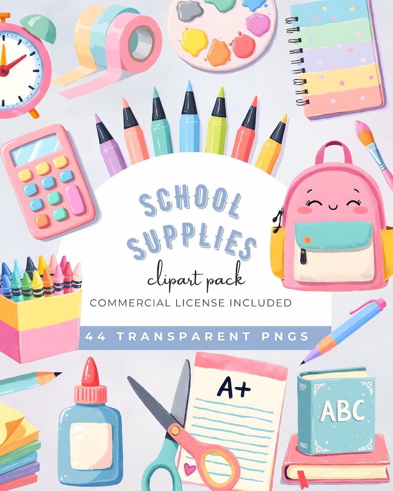 Cute School Supplies Clipart Bundle Png,pastel Back to School, Planner ...