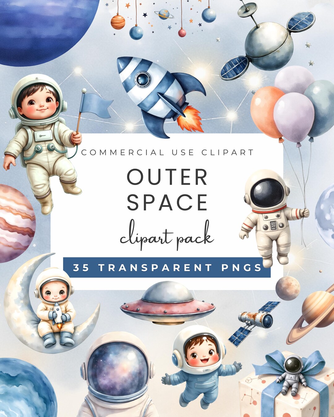Outer Space Clipart Pack, Watercolor Astronauts, Planets, Rockets (PNG ...
