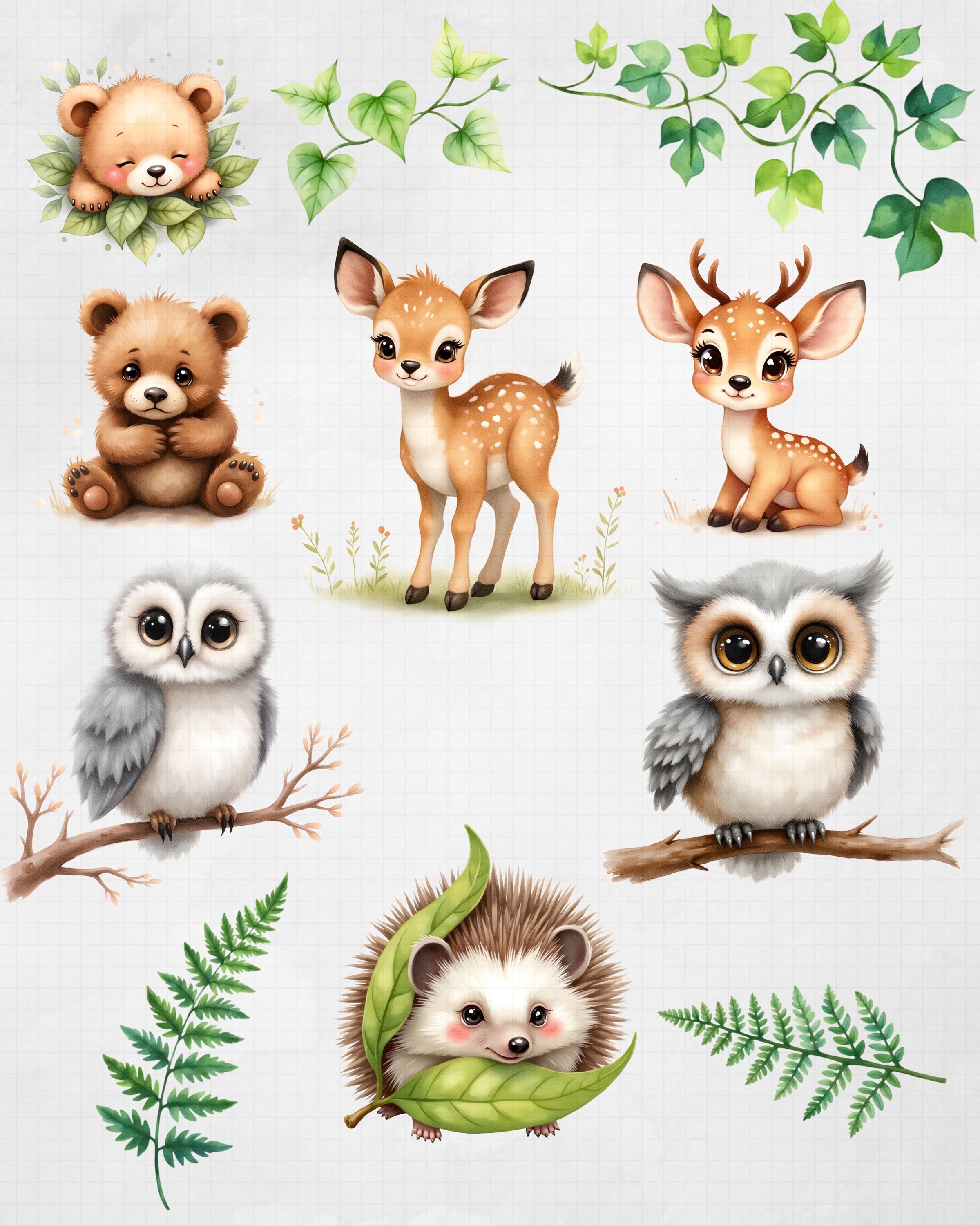 Woodland Creatures Watercolor Clipart: Forest Animals, Nursery Decor ...