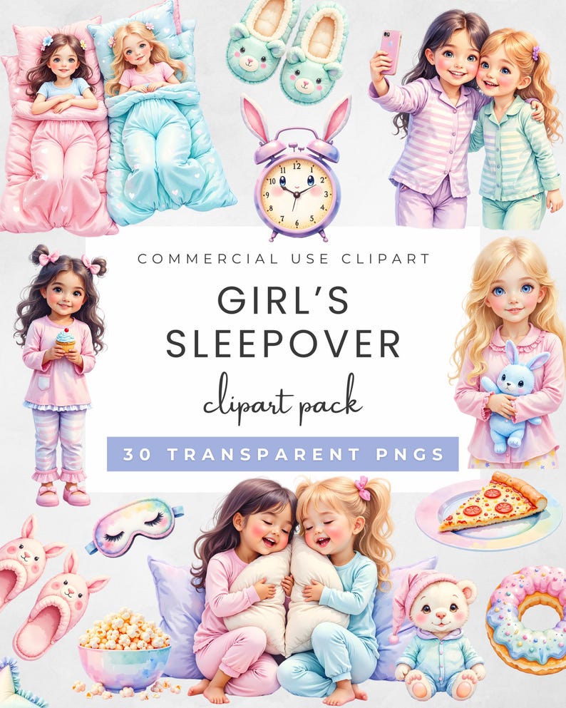 Pajama Party Clipart | Girl Sleepover PNG Set | Slumber Party Clip Art ...