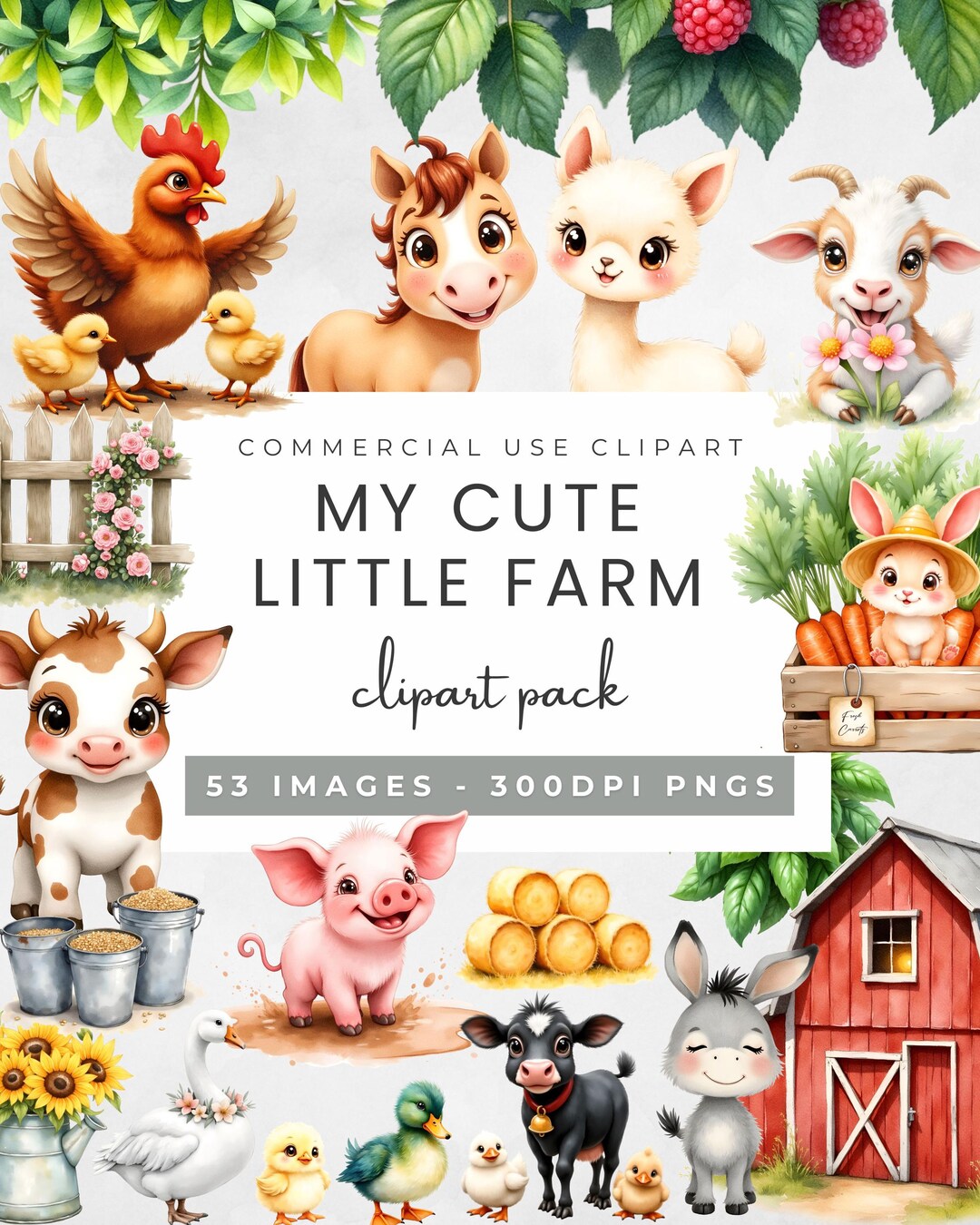 My Cute Little Farm Watercolor Clip Art Animal Themed Birthday, Farm ...