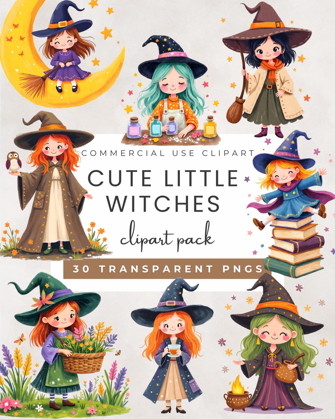 Cute Little Witches Clipart Pack: Halloween PNG Graphics (300 DPI ...