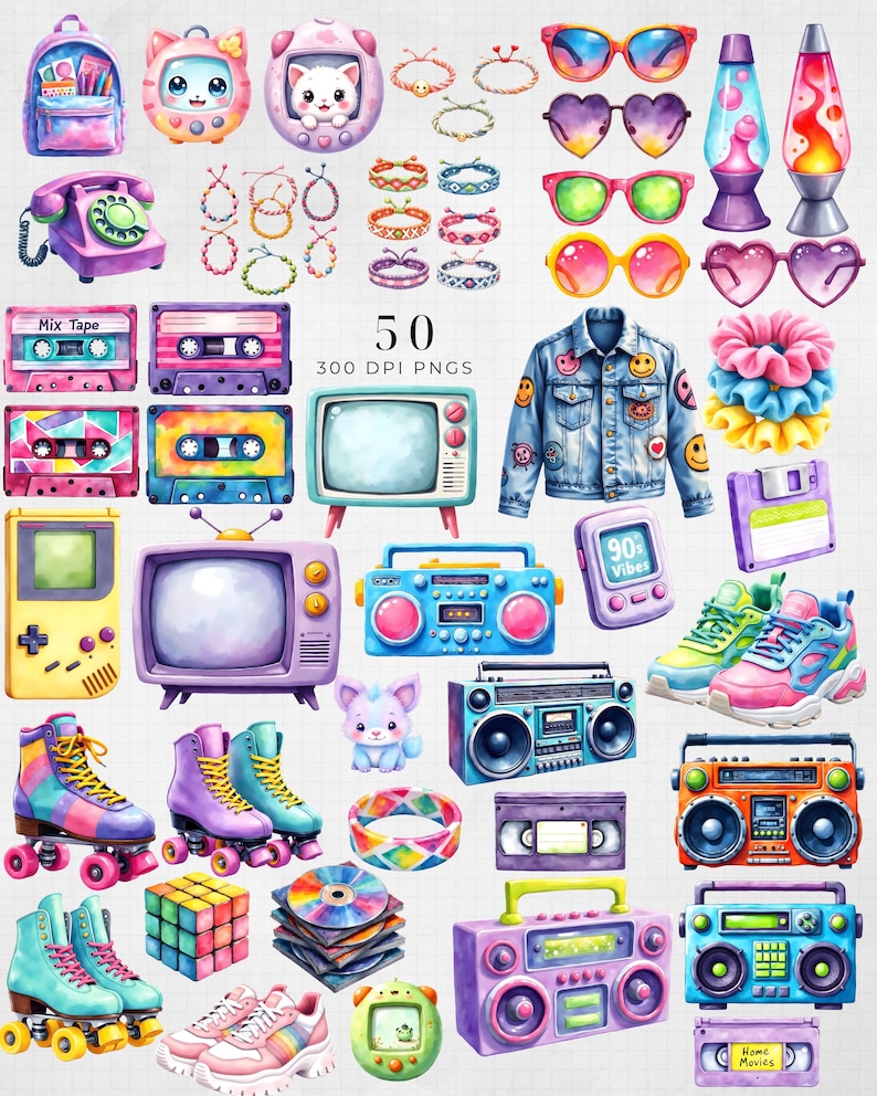 The Good 90s Clipart Pack 50 Retro Vibes PNG 300DPI Watercolor High-res ...