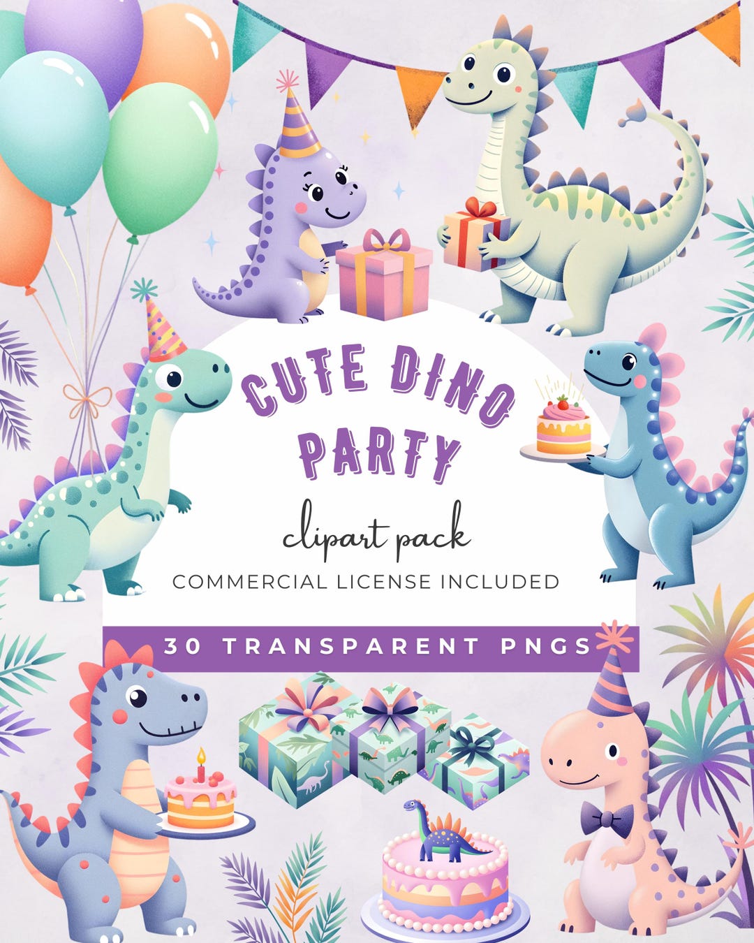 Cute Dino Party Clipart Bundle: Dinosaur Themed Graphics for Birthday ...
