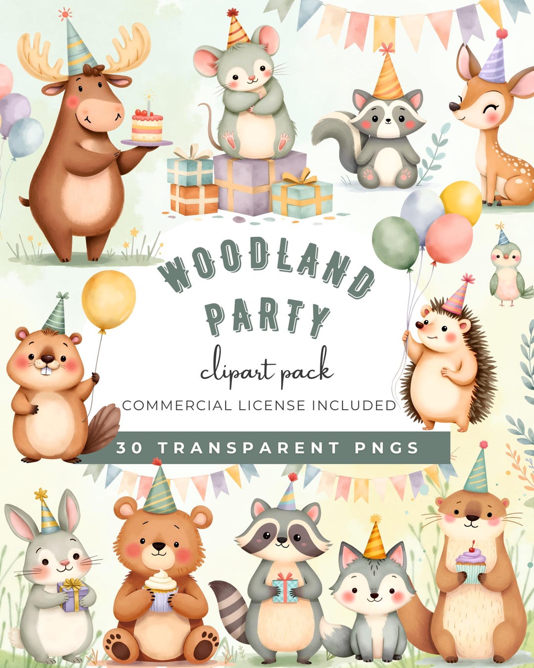 Cute Woodland Animals Party, Birthday Party Graphics, Watercolor ...