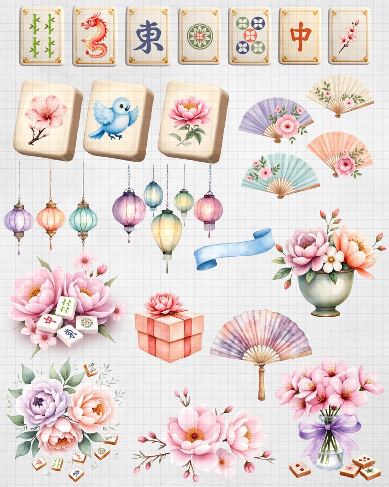 Watercolor Mahjong Party Clipart: Pastel Tiles, Mahjong Tile Set Png ...