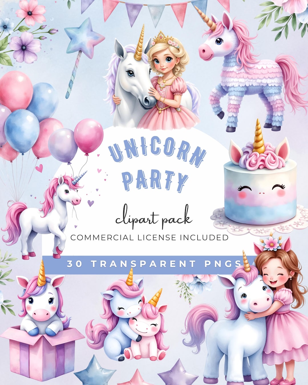 Watercolor Unicorn Clipart, Cute Unicorn Birthday Party, Princess Clip ...