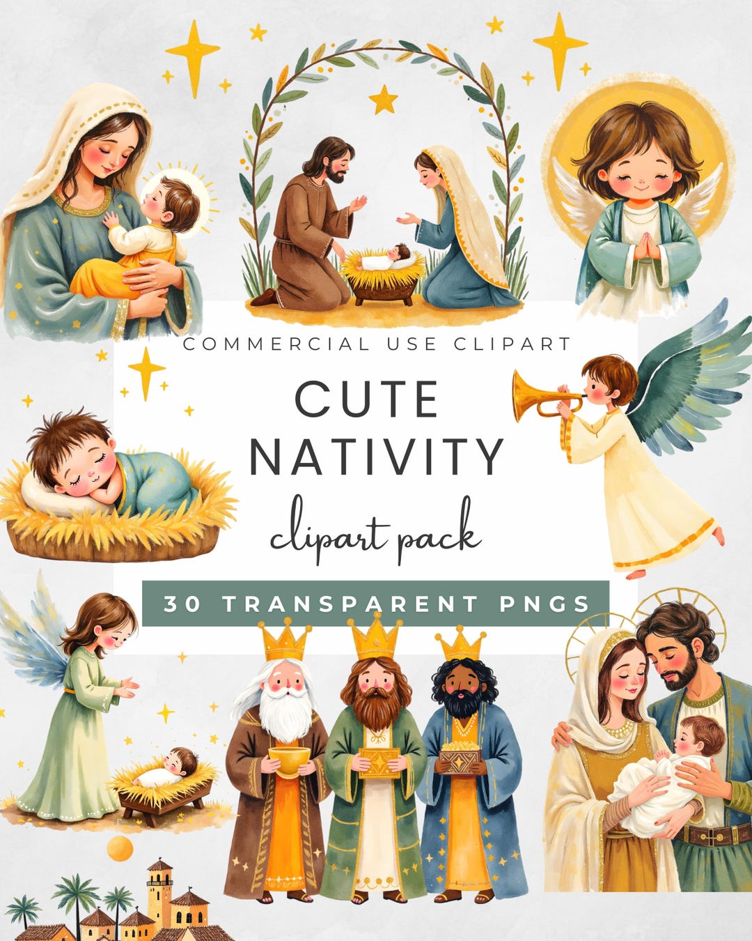 Cute Nativity Clipart: Holy Family Christmas PNG Graphics (digital ...