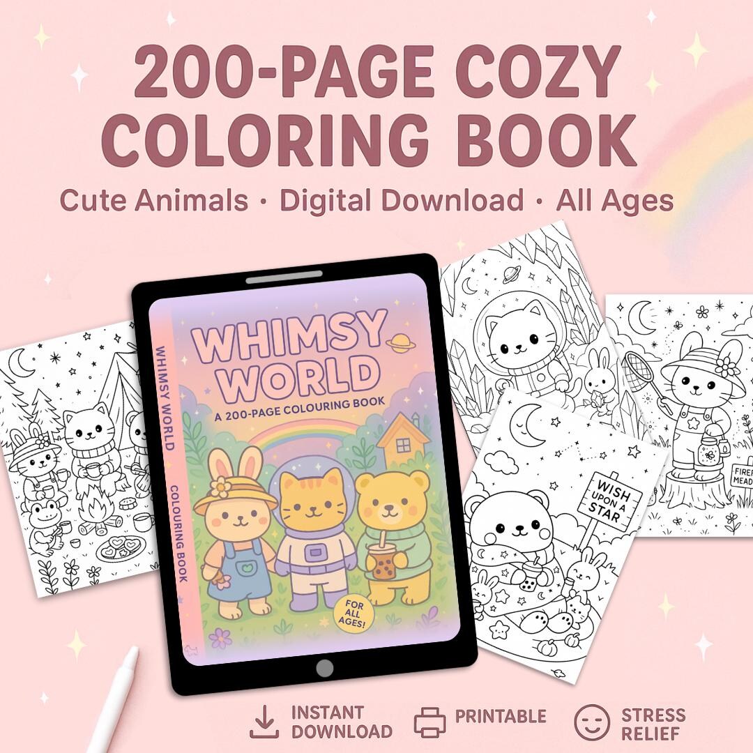 Whimsy World: 200-page Coloring Book – Cute Animals, Cozy Scenes ...