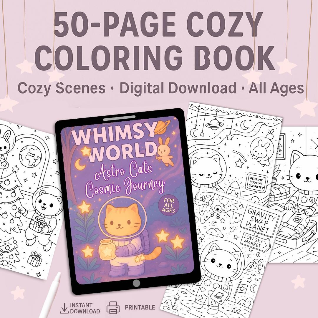 Astro Cat Coloring Book: 50-page Kawaii Space Adventure (digital ...